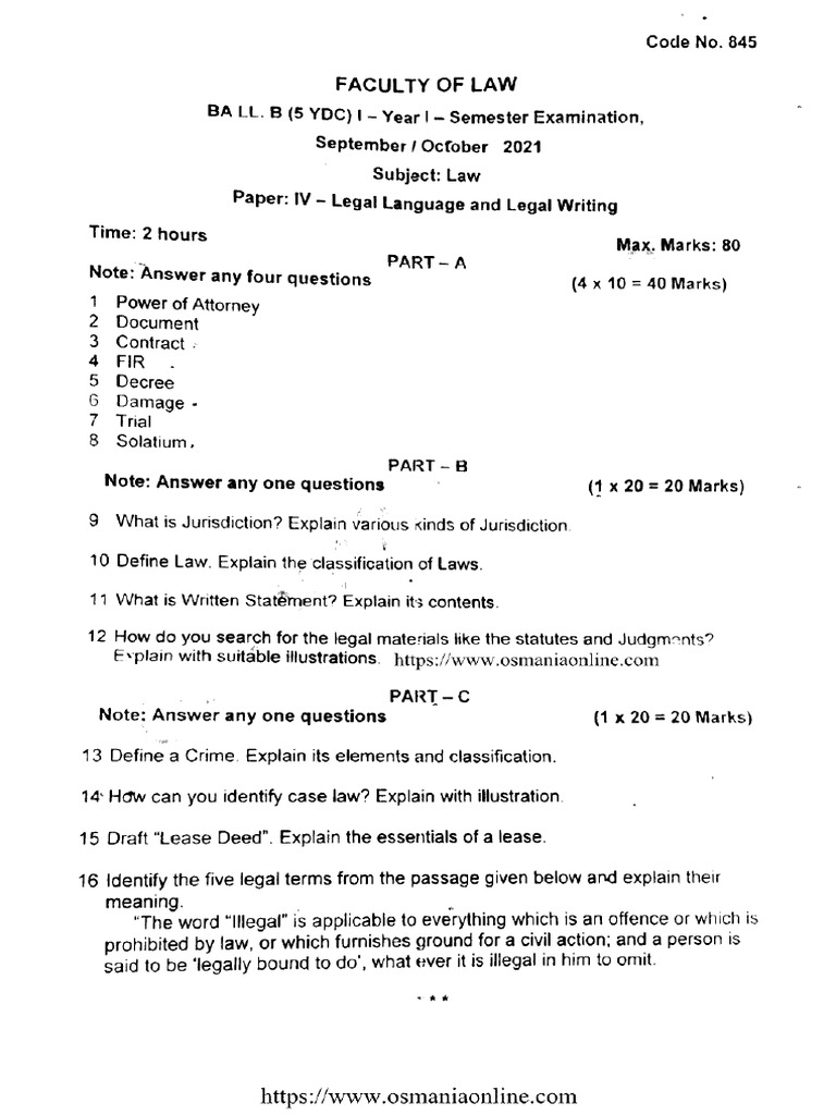 Ballb 1 Sem Law Legal Language and Legal Writing 845 Oct 2021 | PDF