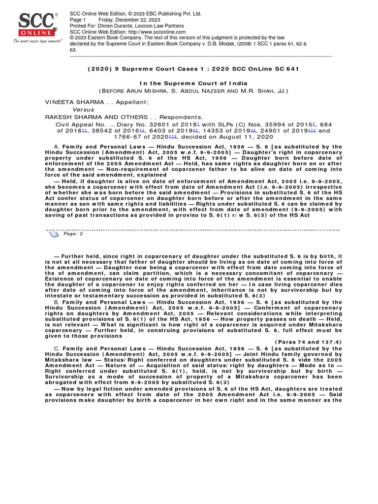 Vineeta Sharma v. Rakesh Sharma, (2020) 9 SCC 1 | PDF | Lawsuit | Legal Documents