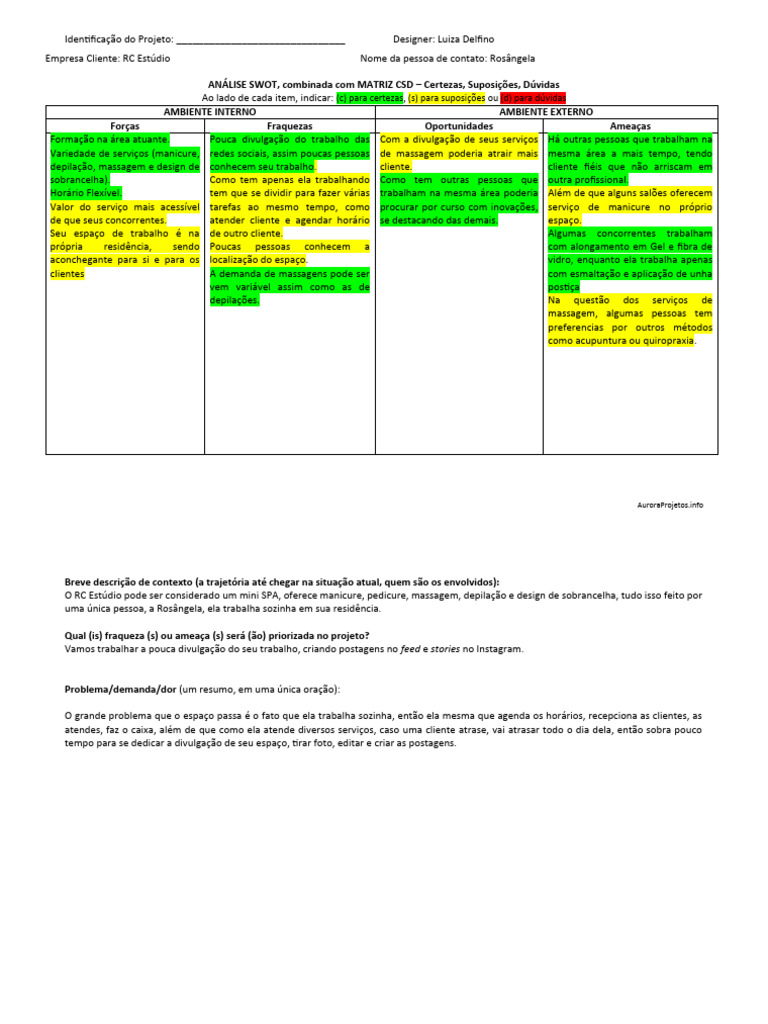 (0.1) SWOT Adaptada Com CSD | PDF | Análise SWOT