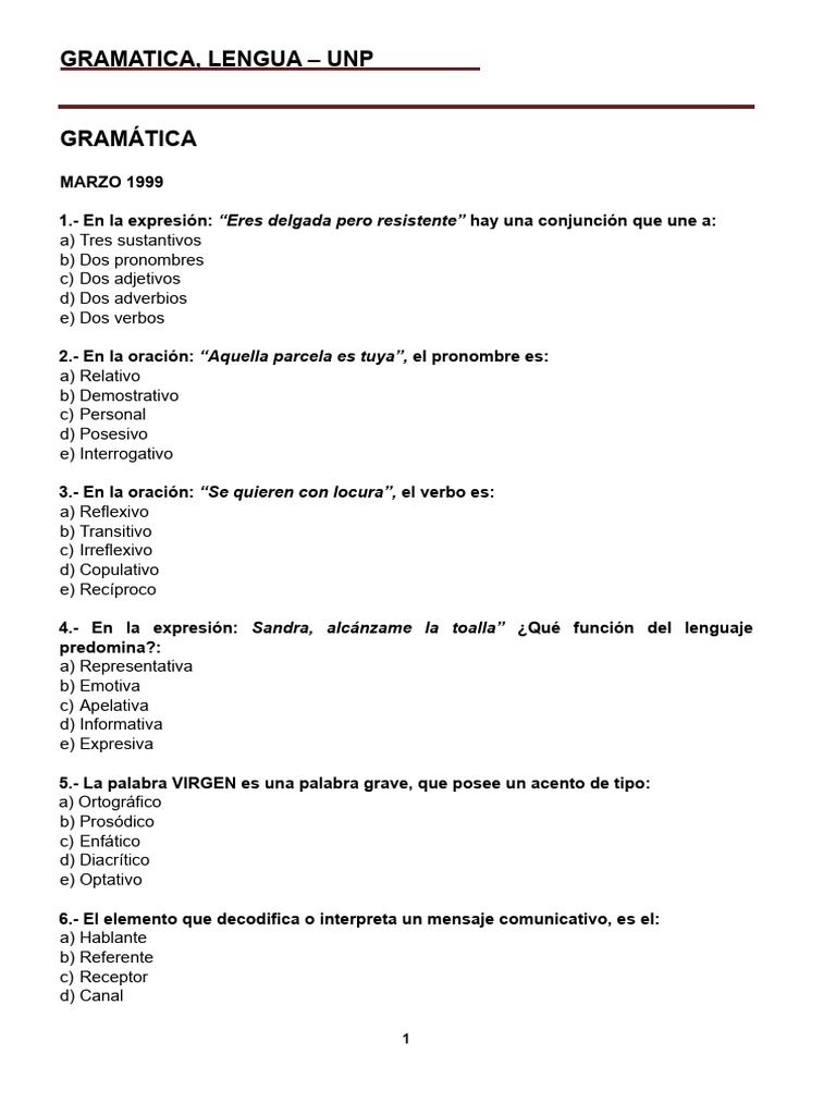 Gramatica y Lengua Banco Examenes Unp | PDF | Palabra | Verbo