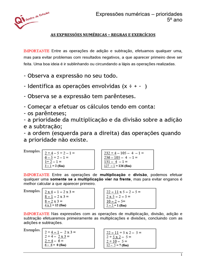 Expressoes-Numericas-Exercicios Atividades Conceitos Teoria Nivel Fundamental | PDF