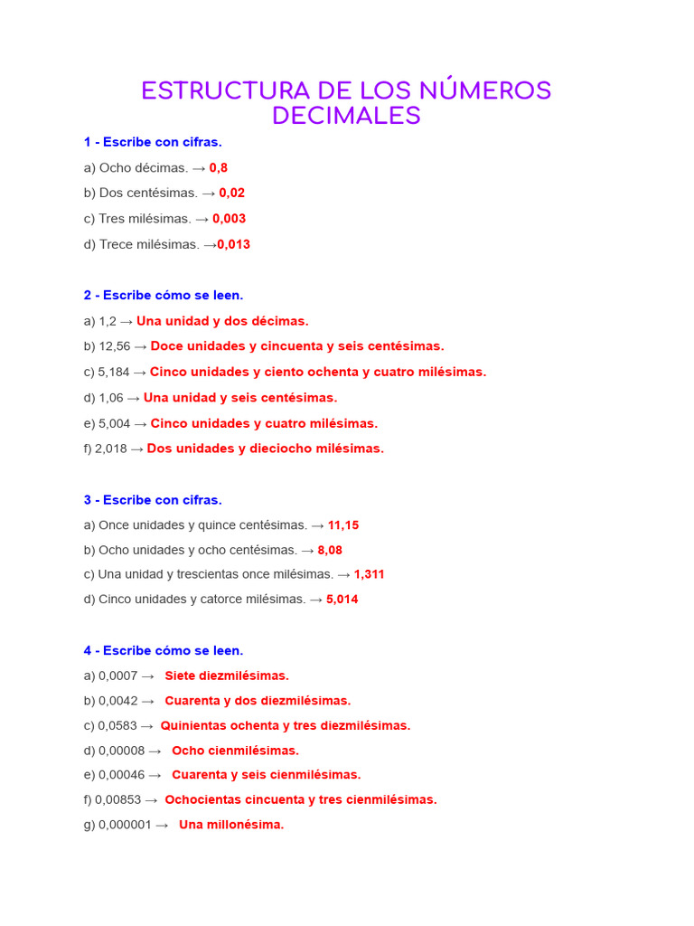 Estructura de Los Números Decimales - RESUELTO | PDF