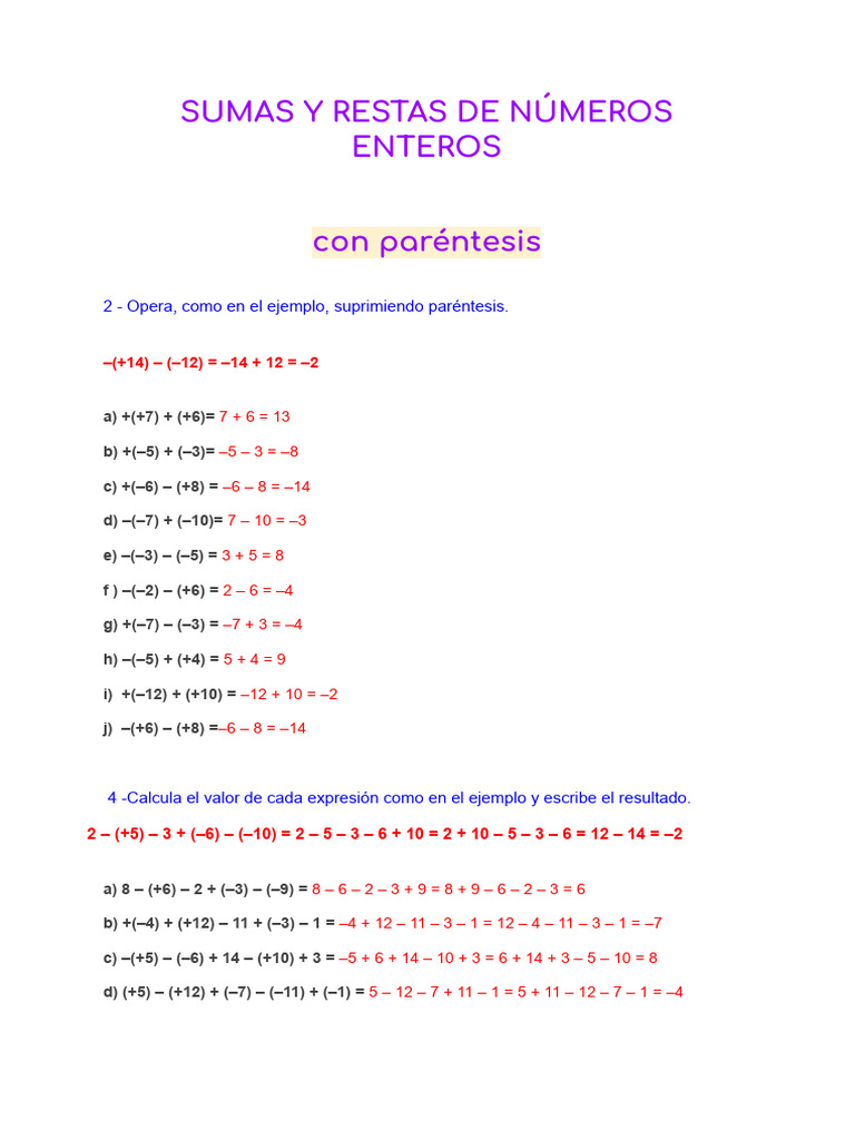Sumas y Restas de Números Enteros Con Paréntesis - RESUELTO | PDF ...
