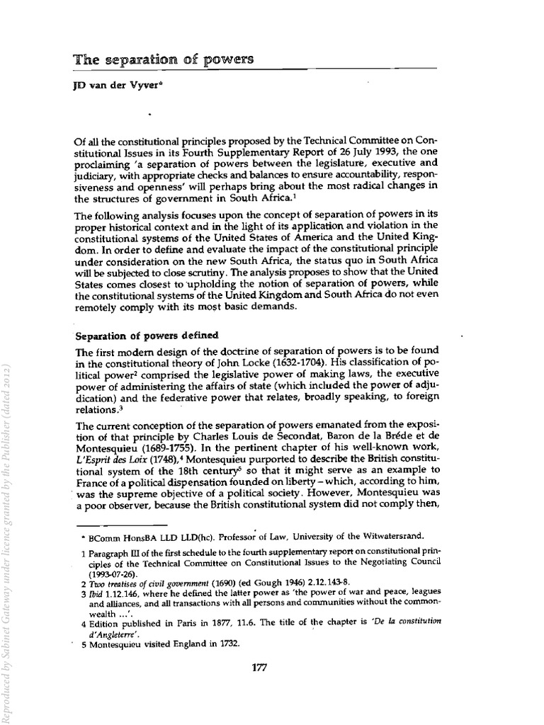 Van Der Vyver 1993 The Separation of Powers | Download Free PDF | Separation Of Powers ...