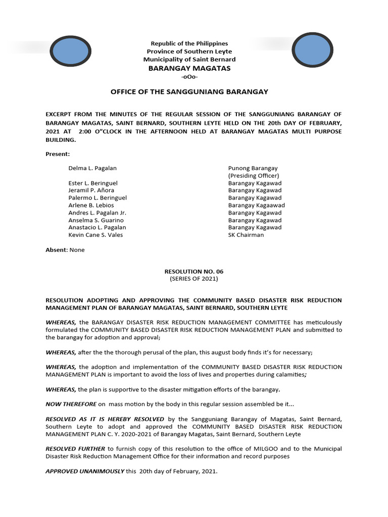 Reso Aproving CBDRRM Plan 2021 | PDF | Government