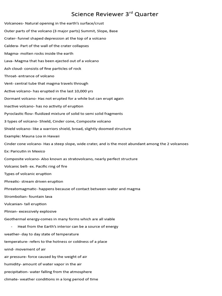 Science Reviewer 3rd Quarter | PDF | Types Of Volcanic Eruptions | Volcano