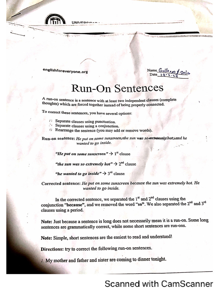 Run On Sentences and Comma Splices | PDF