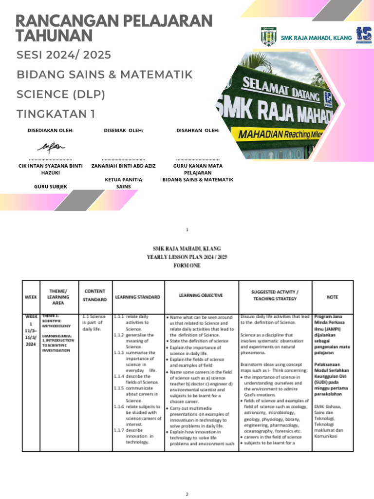RPT Science Form 1 DLP 2024 | PDF | Cell (Biology) | Density