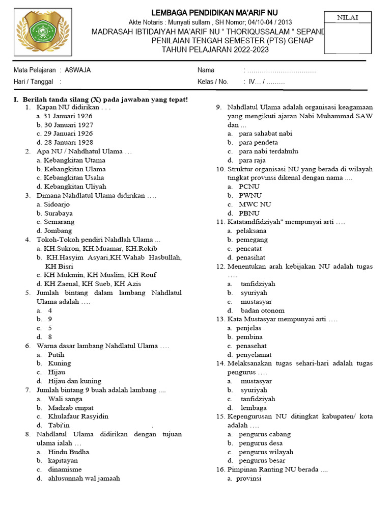 soal Aswaja uts 2022-2023 | PDF