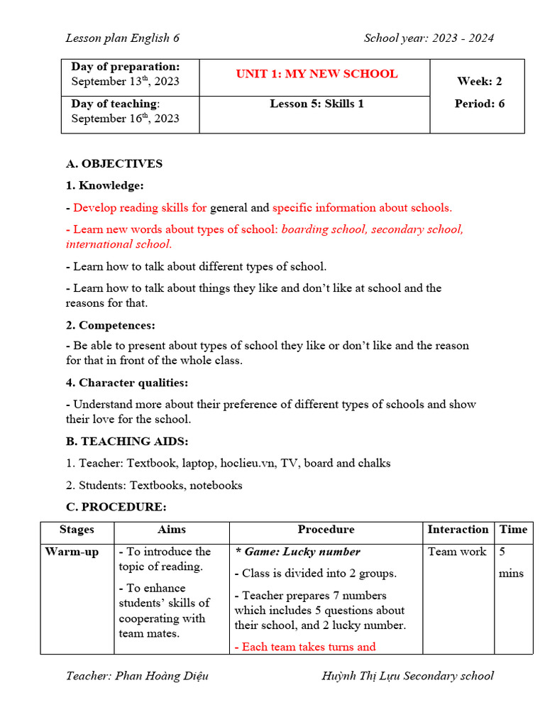 Period 6 Unit 1 Skills 1 | PDF | Lesson Plan | Teachers