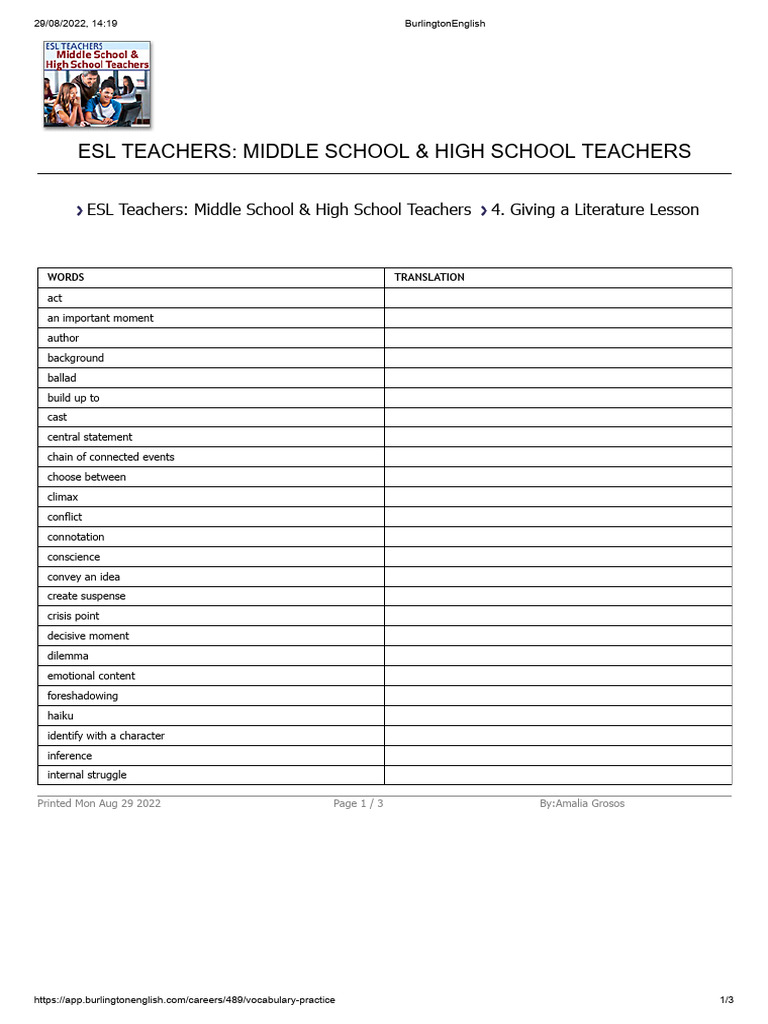 ESL Vocabulary for Literature Lessons | PDF | Narration