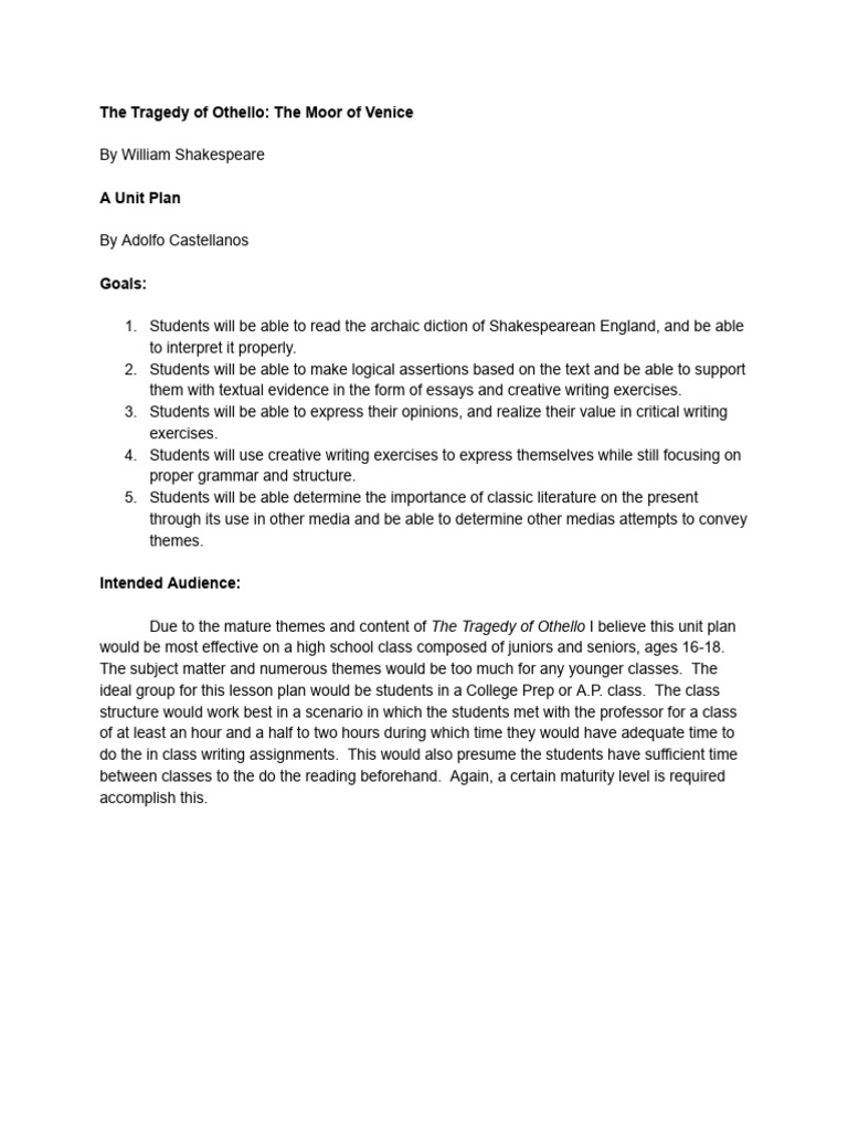 Othello Unit Plan | PDF | Iago | Othello