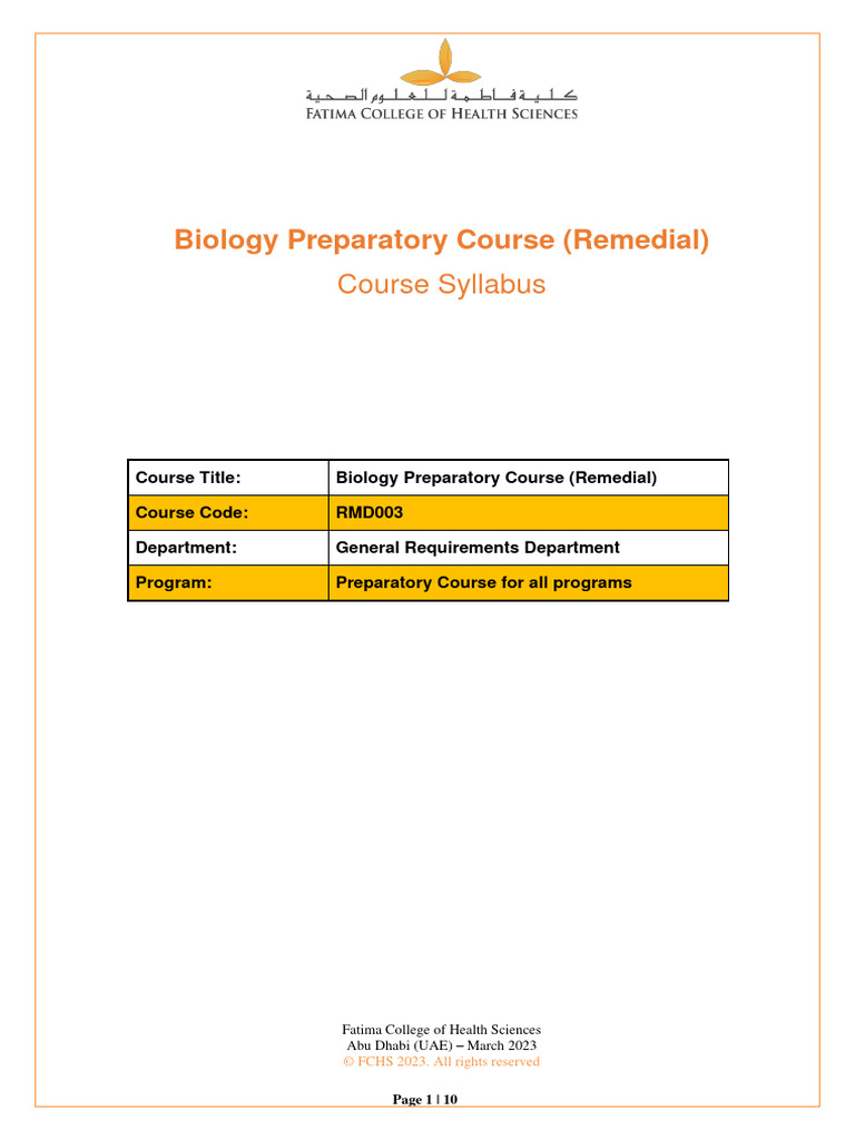 FCHS AY23-24 Course Syllabus Biology Preparatory Course (Remedial) | PDF | Cell (Biology) | Learning