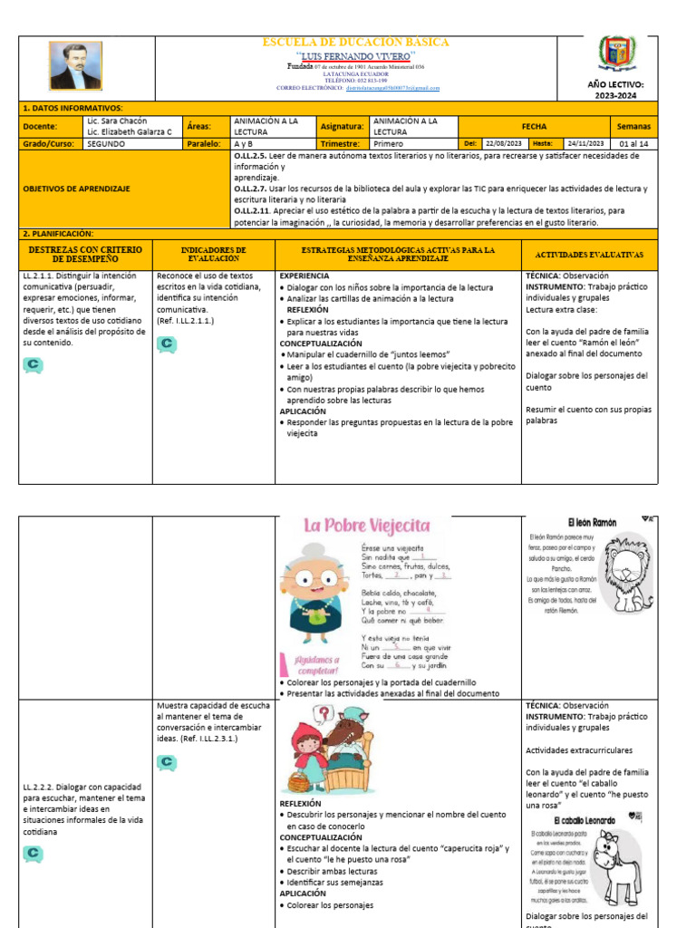 Planificación Animación A La Lectura | PDF | Aprendizaje | Educación primaria
