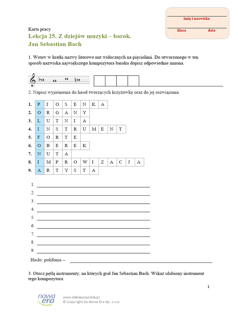 Karta Pracy 25 Z Dziejow Muzyki Barok Jan Sebastian Bach | PDF
