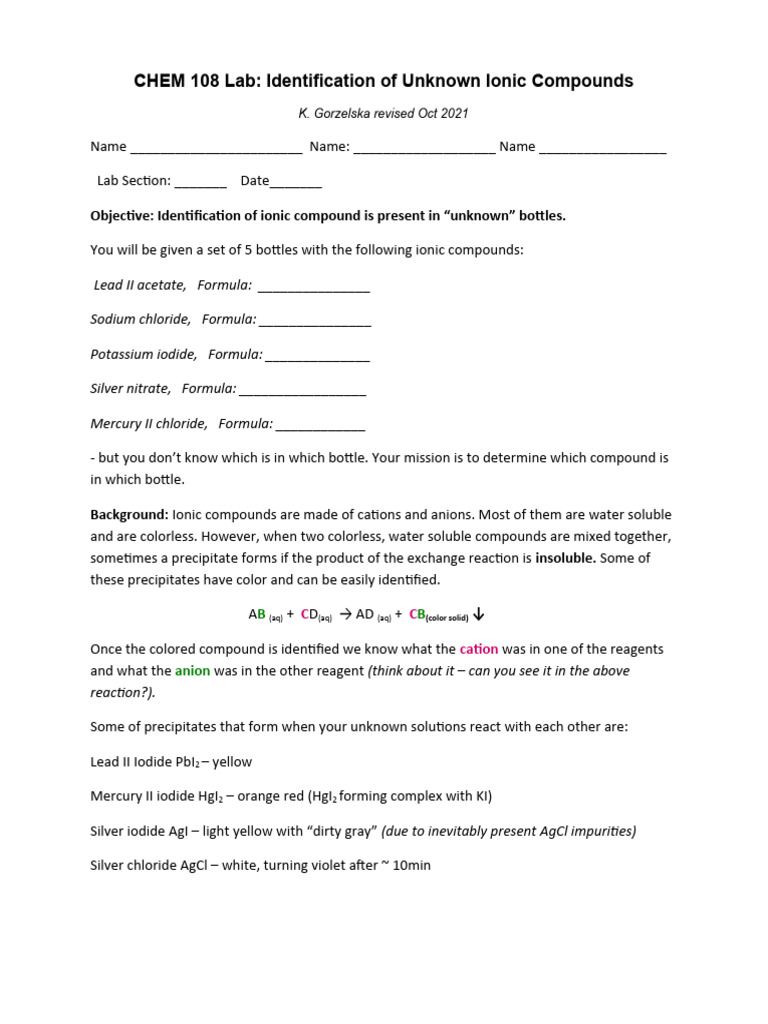 CHEM 108 Lab Identification of Unknown Ionic Solutions F23 | PDF ...