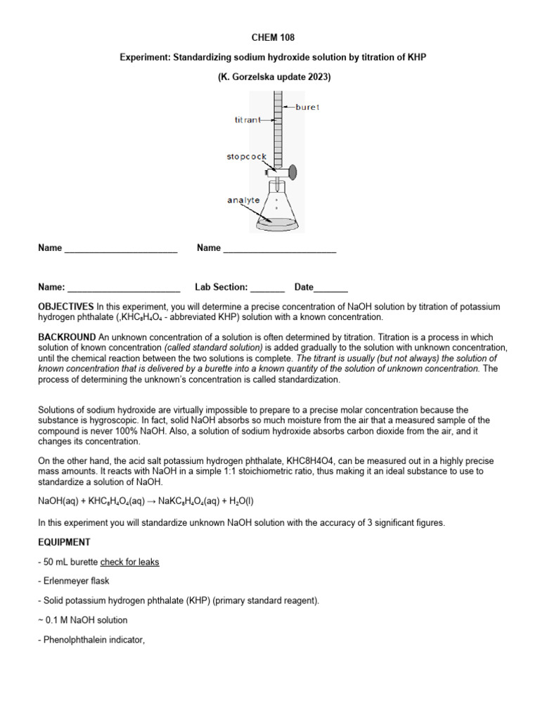 CHEM 108 Titration NaOH With KHP F23 | PDF | Titration | Chemistry