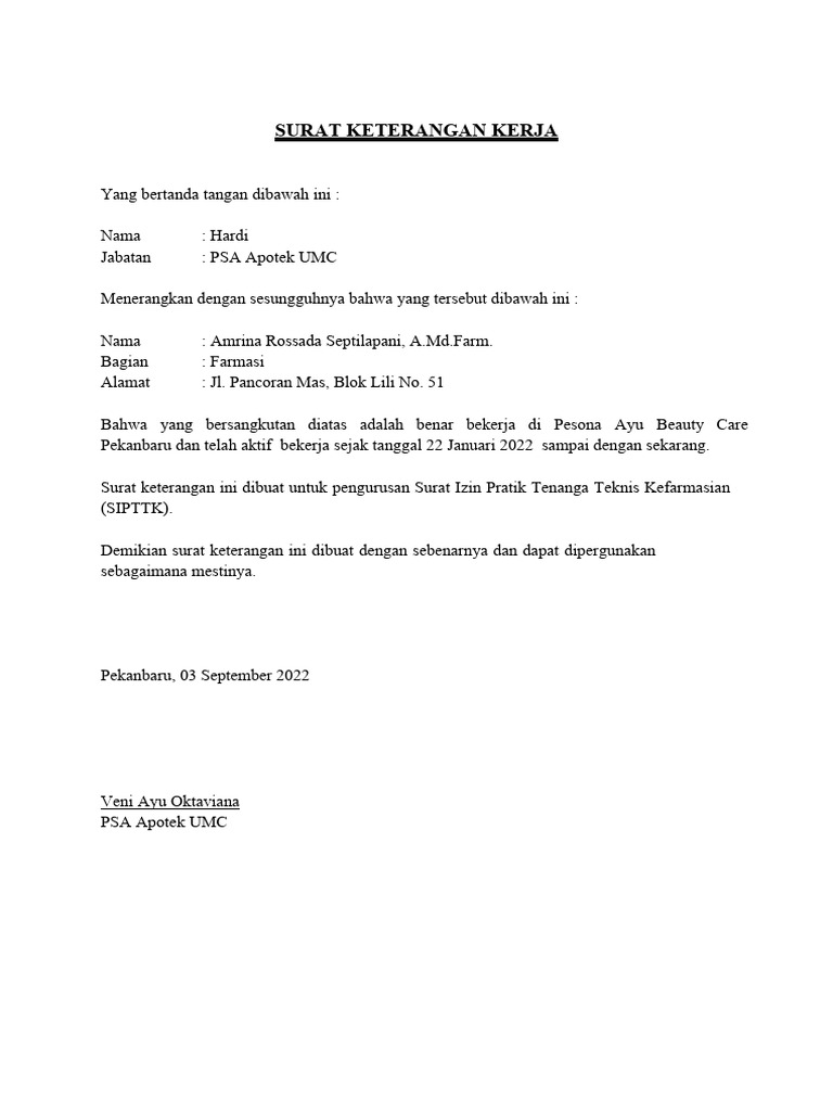 Surat Keterangan Kerja Word | PDF