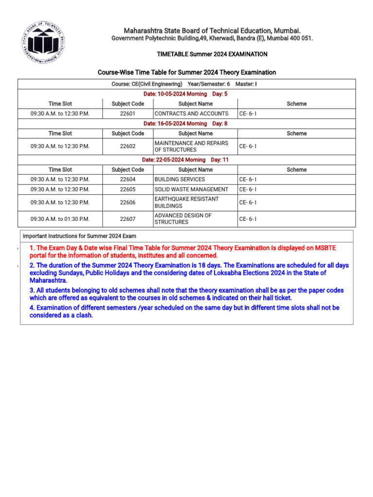 Time Table For Summer 2024 Theory Examination | PDF | Academic Term