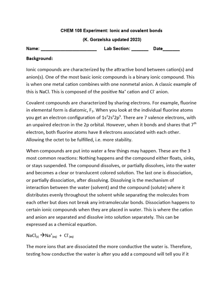 Ionic vs Covalent Bonds in Solutions | PDF | Ion | Chemical Compounds