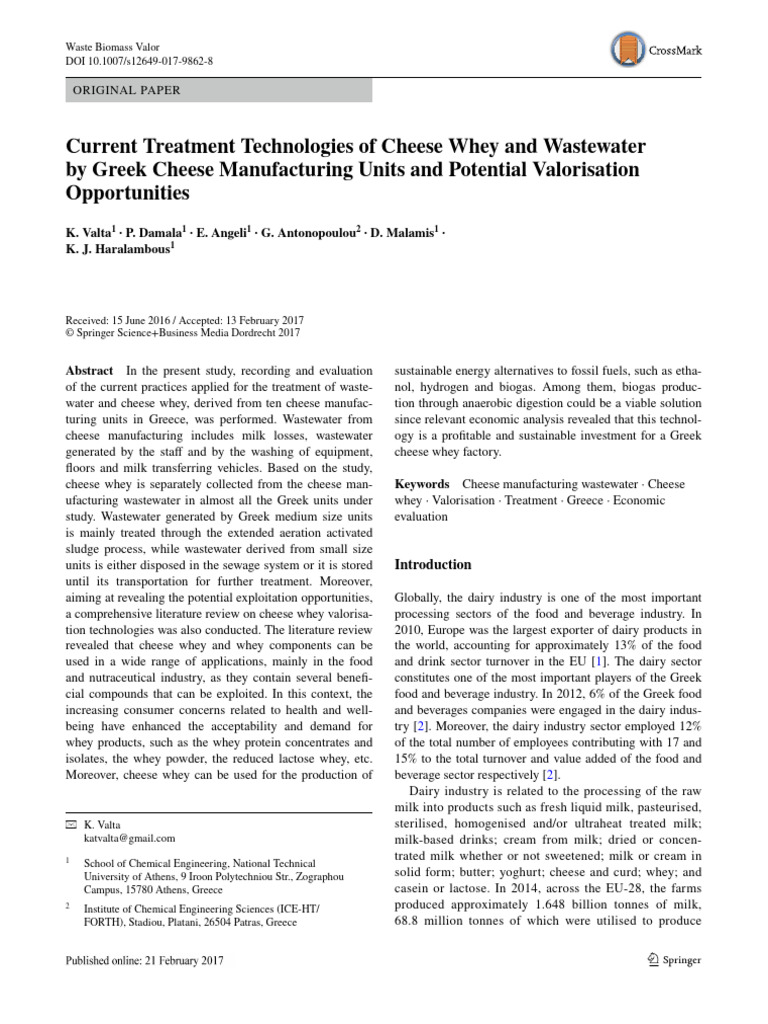Current Treatment Technologies of Cheese Whey and Wastewater | PDF ...