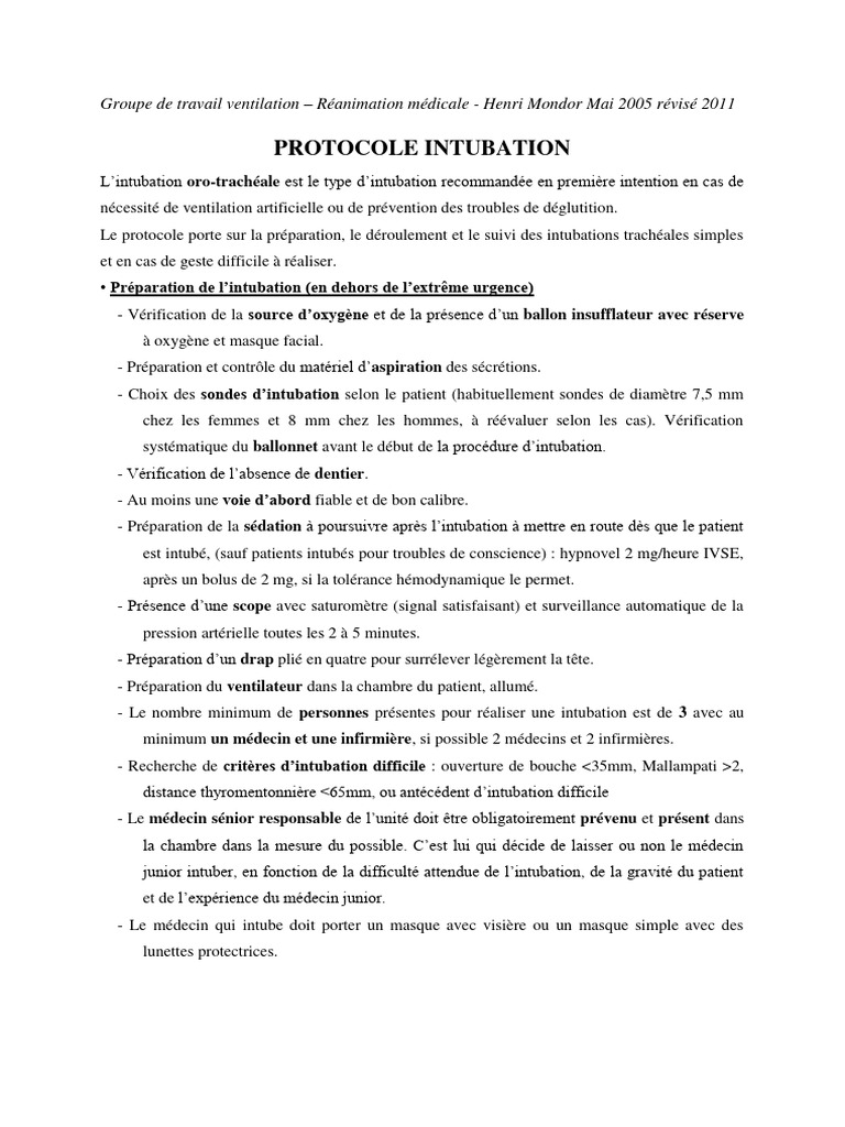 Protocole Intubation 2011 | PDF