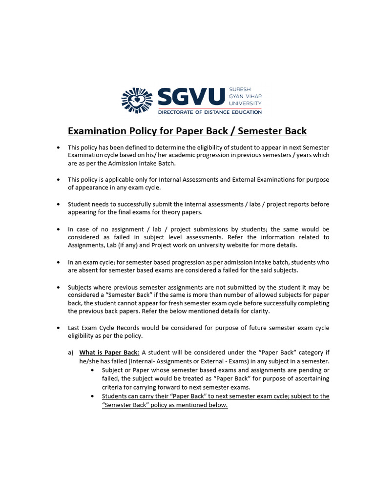 SGVU Examination Policy for Paper Back and Semester BAck | PDF ...