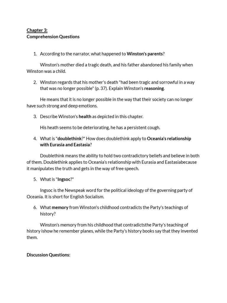 1984 Chapter 3 Comprehension Questions | PDF | Politics | Philosophy