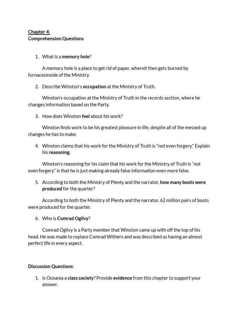 1984 Chapter 4 Comprehension Questions | PDF