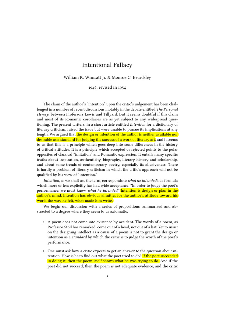 Intentional Fallacy | PDF