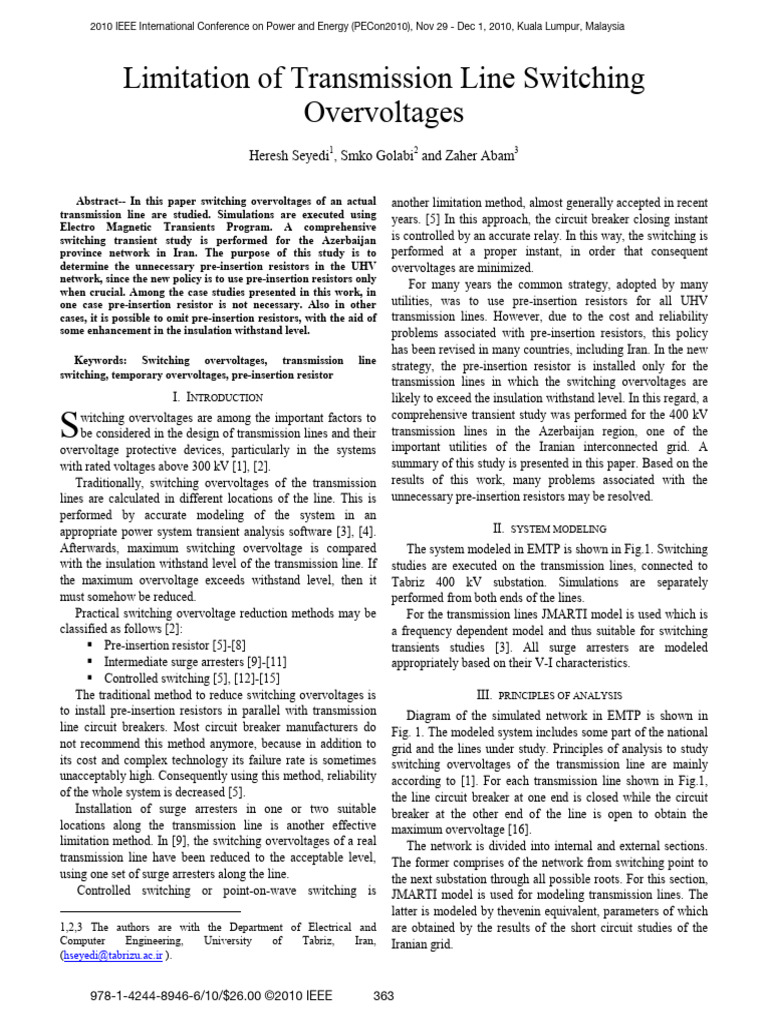Limitation Of Transmission Line Switching Overvoltages Pdf Electric