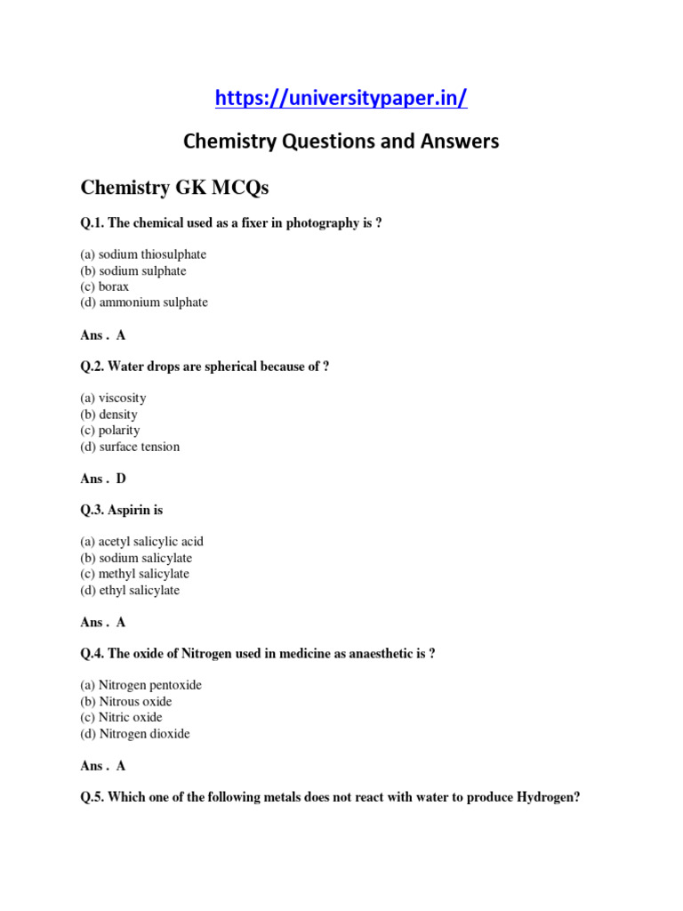 Chemistry Questions and Answers | PDF | Atoms | Oxide