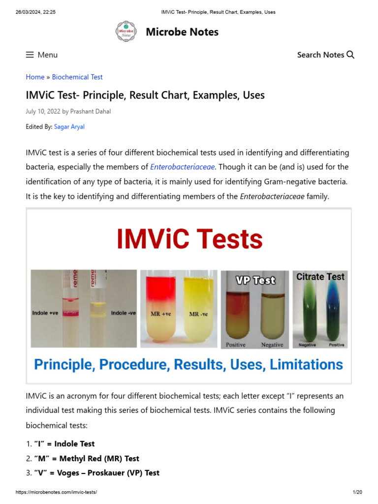 IMViC Test: Principles and Results Chart | PDF | Microbiology | Biology