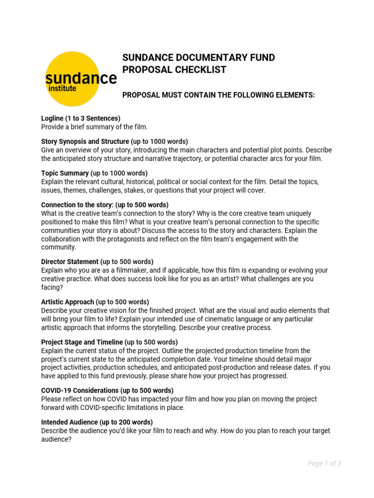 SUNDANCE DOCUMENTARY FUND PROPOSAL CHECKLIST | PDF | Narrative