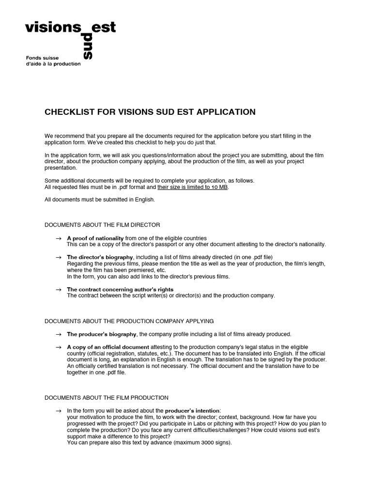 CHECKLIST FOR VISIONS SUD EST APPLICATION | PDF | Swiss Franc