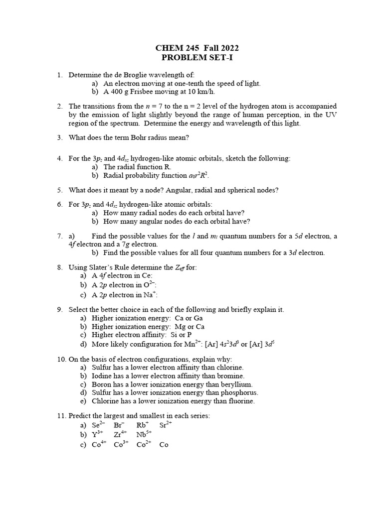 PS 1 CHEM 245 Fall 2022 | PDF | Atomic Orbital | Electron