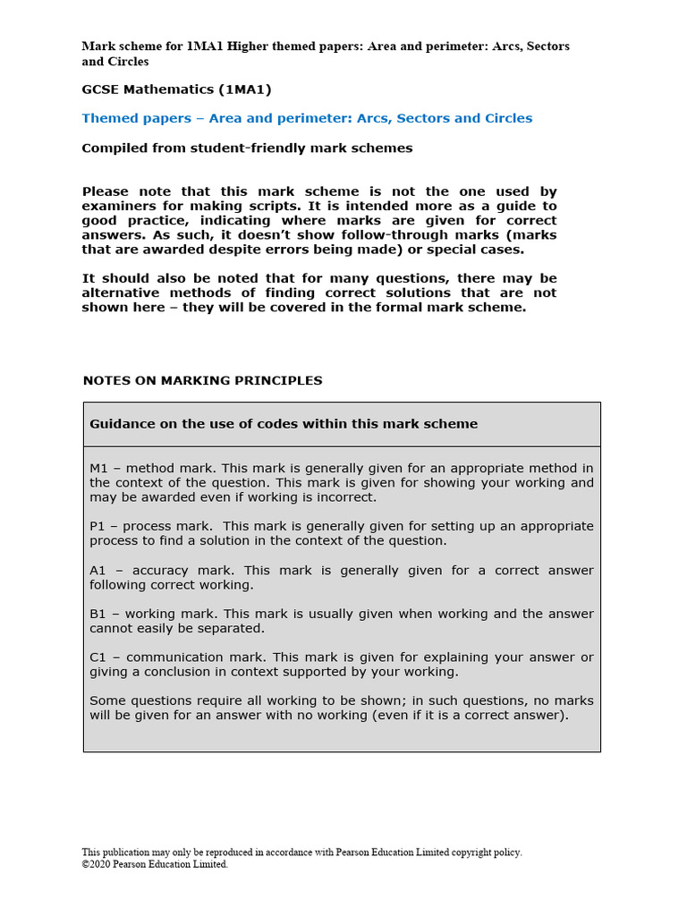07b Area And Perimeter Arcs Sectors Circles H Mark Scheme V3 Pdf Area Geometry