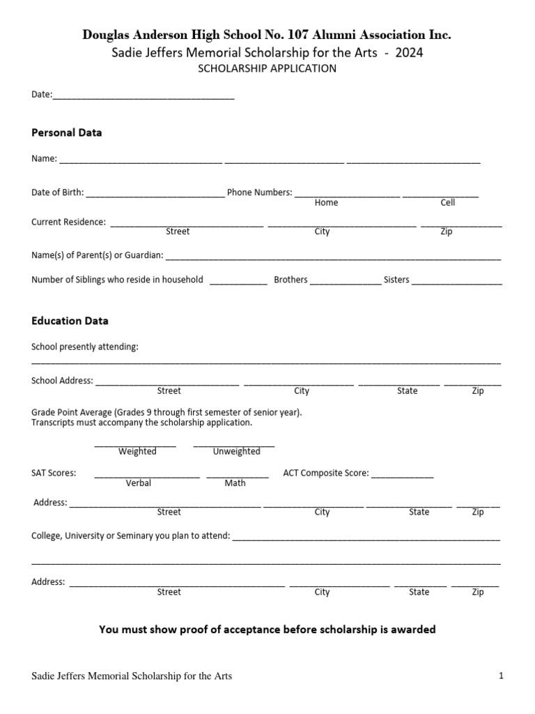 Sadie Jeffers Arts Scholarship Application | PDF