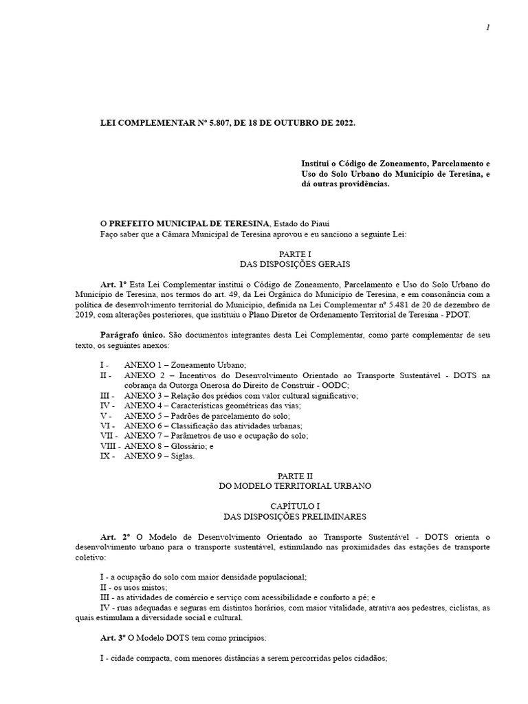 Lei Nº 5.807 Comp. de 18.10.2022 Inst. Cód. Zoneamento Parcelam. e Uso Do Solo Urbano de ...