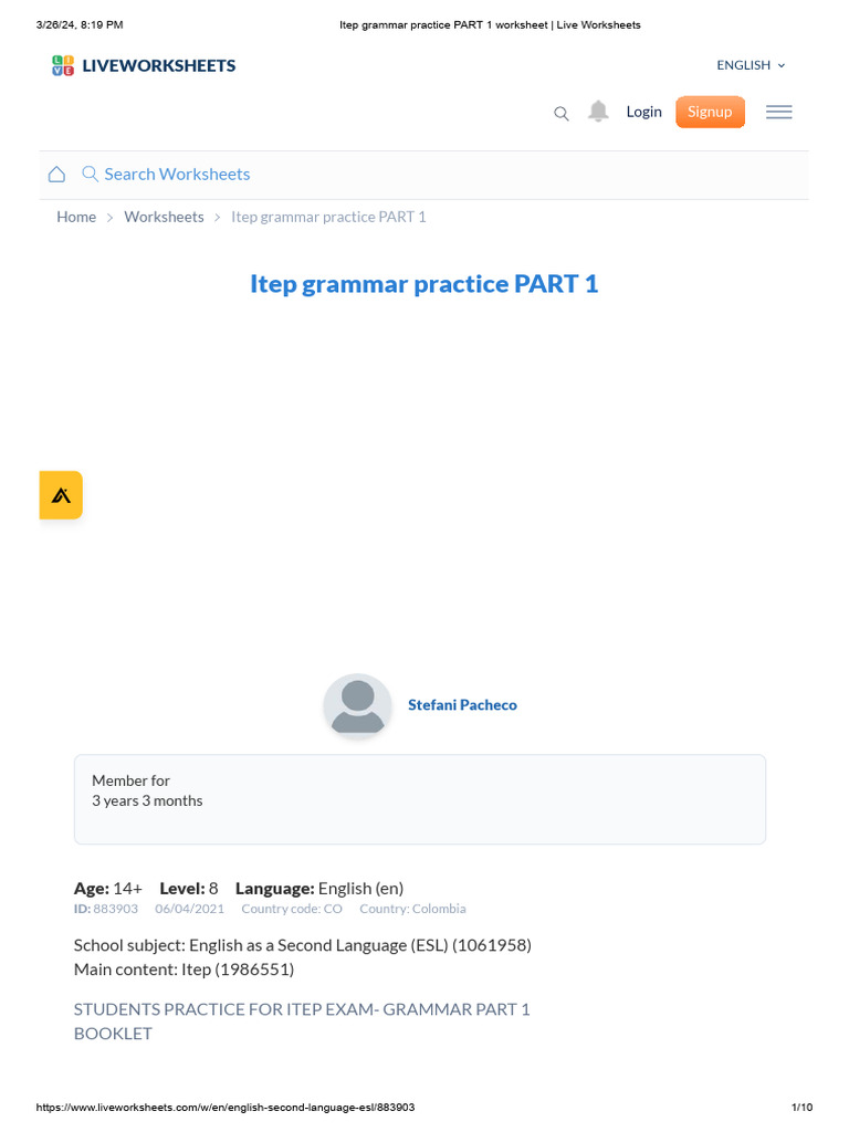 Itep Grammar Practice PART 1 Worksheet - Live Worksheets | PDF | Worksheet
