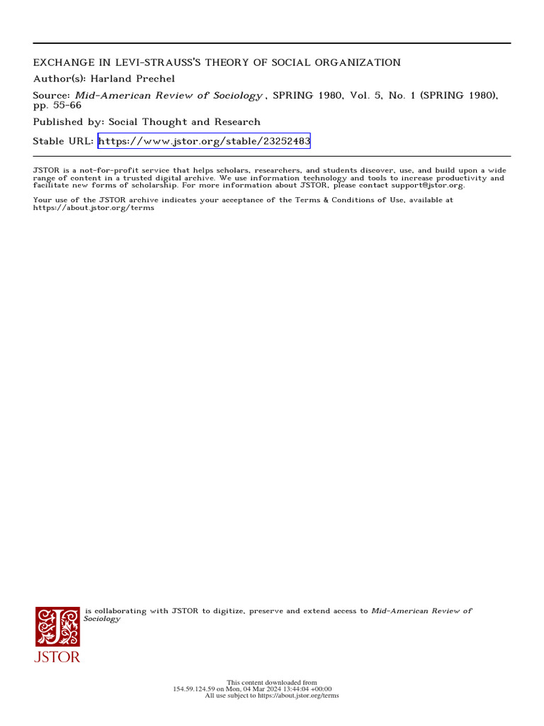 Prechel - EXCHANGE IN LEVI-STRAUSS'S THEORY OF SOCIAL ORGANIZATION ...