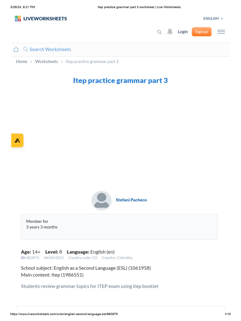 Itep Practice Grammar Part 3 Worksheet - Live Worksheets | PDF ...