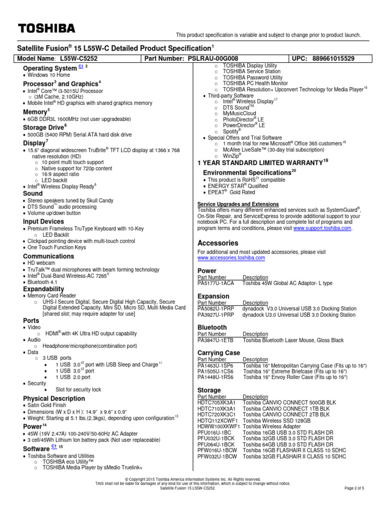 Satellite Fusion15 L55W C5252 | PDF | Usb | Operating System