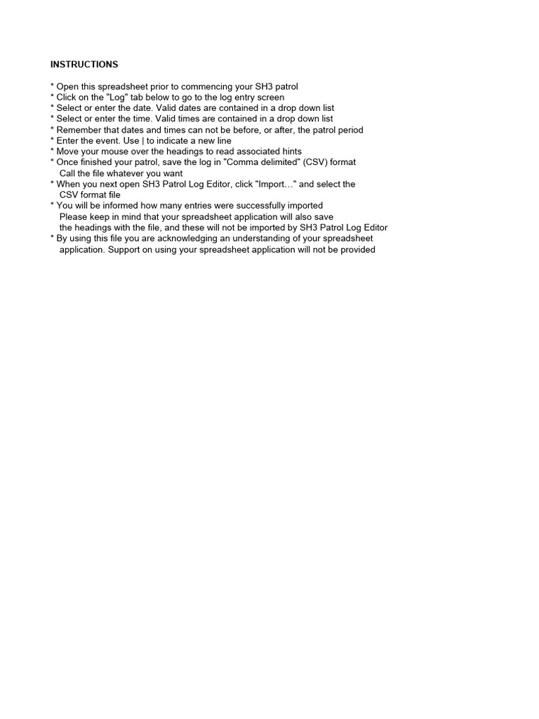 SH3 Patrol Log Entry Instructions | PDF | Comma Separated Values | Software