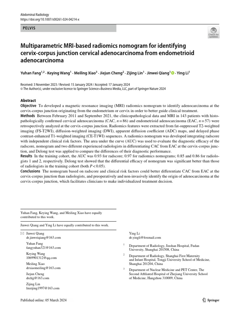 Multiparametric MRI Based Radiomics Nomogram For Identifying Cervix Corpus Junction Cervical ...
