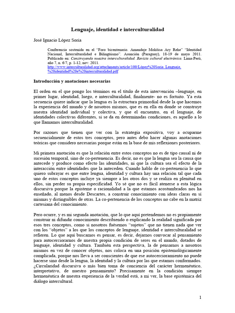 Lenguaje Identidad e Interculturalidad | PDF | Verdad | Conocimiento