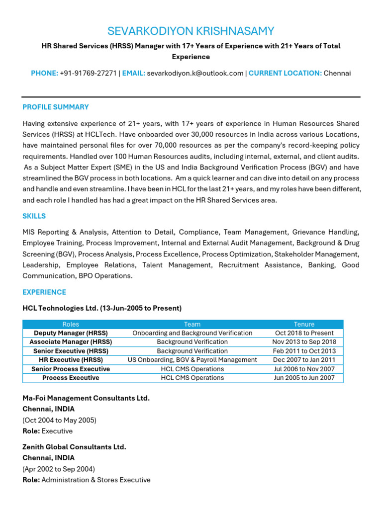 Sevar Krish - Resume - HR Shared Services (HRSS) - Onboarding - Background Verification - BGV ...