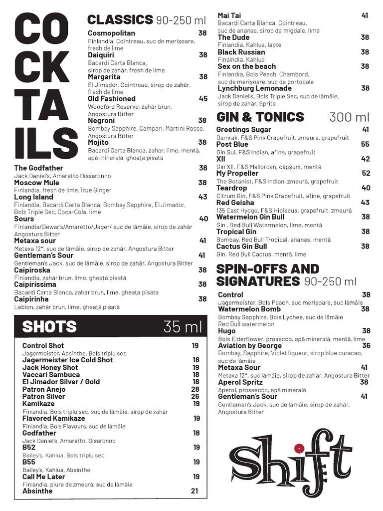 Shift Pub Meniu 2024 | PDF | Drink