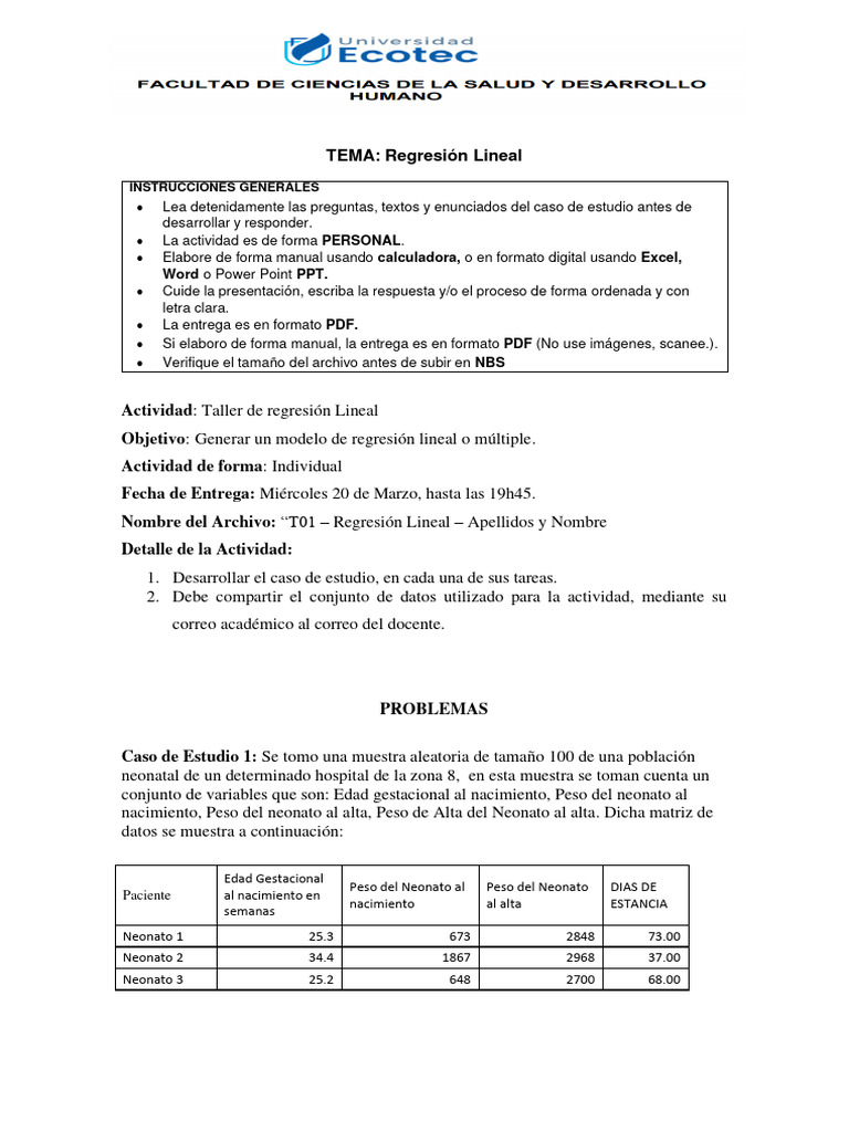TAREA REGRESION LINEAL | PDF | Regresión lineal | Análisis de regresión