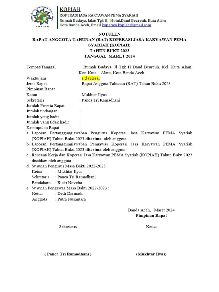 Notulen RAT Koperasi KOPIAH 2023 | PDF